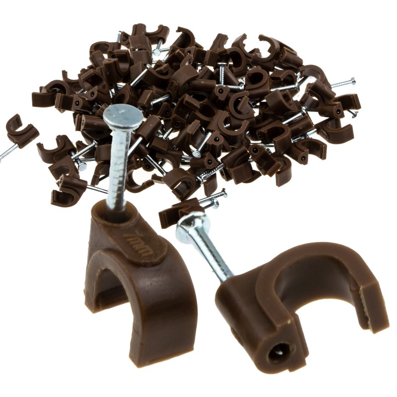 Round Brown 7mm Cable Clips Secure Fastenings Cables 100 Pack
